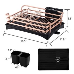 ZEAYEA Aluminum Dish Drying Rack, Rustproof Dish Rack and Drainboard with Adjustable Swivel Spout, Rose Gold Dish Rack with Removable Drainer Tray and Utensil Holder for Kitchen Counter