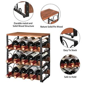 Countertop Wine Rack, 12 Bottle Wine Holder Stand for Table with Top Storage Shelf/Natural Solid Wood and Metal Structure, 3 Tier Stackable Wine Racks for Cabinet Home Kitchen Bar Hotel Restaurant