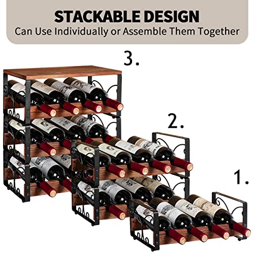 Countertop Wine Rack, 12 Bottle Wine Holder Stand for Table with Top Storage Shelf/Natural Solid Wood and Metal Structure, 3 Tier Stackable Wine Racks for Cabinet Home Kitchen Bar Hotel Restaurant