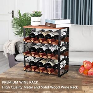 Countertop Wine Rack, 12 Bottle Wine Holder Stand for Table with Top Storage Shelf/Natural Solid Wood and Metal Structure, 3 Tier Stackable Wine Racks for Cabinet Home Kitchen Bar Hotel Restaurant