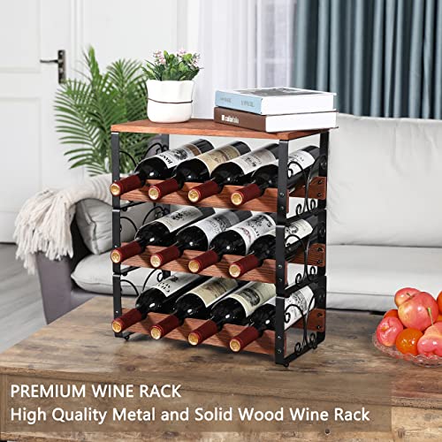 Countertop Wine Rack, 12 Bottle Wine Holder Stand for Table with Top Storage Shelf/Natural Solid Wood and Metal Structure, 3 Tier Stackable Wine Racks for Cabinet Home Kitchen Bar Hotel Restaurant