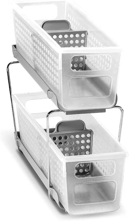 madesmart Mini 2-Tier Organizer, Multi-Purpose Slide-Out Storage with Handles and Dividers for Home and Bath, Frost