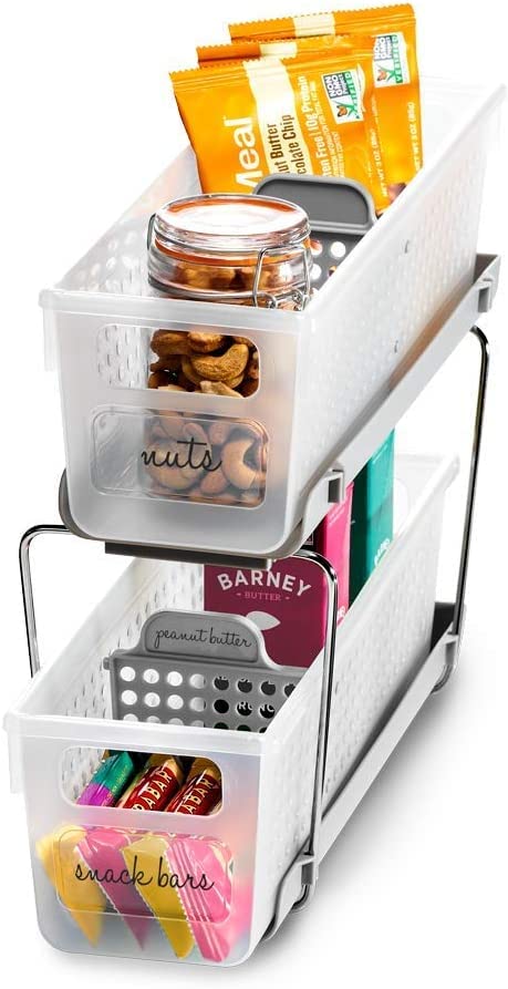 madesmart Mini 2-Tier Organizer, Multi-Purpose Slide-Out Storage with Handles and Dividers for Home and Bath, Frost