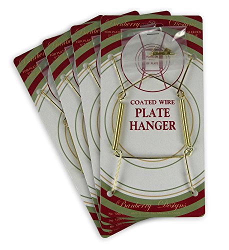 Banberry Designs Brass Vinyl Coated Plate Hanger 5 to 7 Inch Plates - Set of 4 - Includes Hook and Nail for Hanging