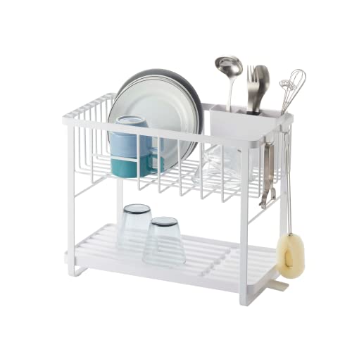 Yamazaki Home Two-Tier Adjustable Dish Drainer Rack, Compact Drying Rack with Hooks, Utensils Holder, Steel, Draining Spout, Water Resistant, No Assembly Req.