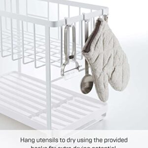 Yamazaki Home Two-Tier Adjustable Dish Drainer Rack, Compact Drying Rack with Hooks, Utensils Holder, Steel, Draining Spout, Water Resistant, No Assembly Req.