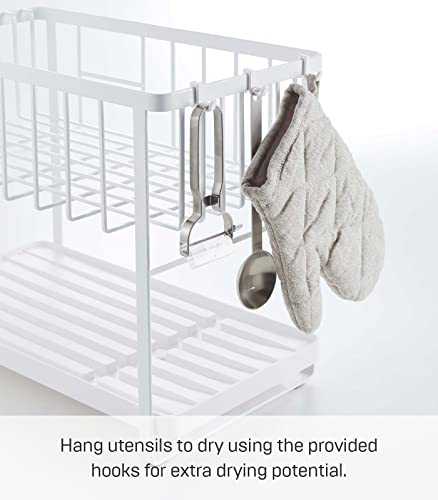 Yamazaki Home Two-Tier Adjustable Dish Drainer Rack, Compact Drying Rack with Hooks, Utensils Holder, Steel, Draining Spout, Water Resistant, No Assembly Req.