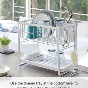 Yamazaki Home Two-Tier Adjustable Dish Drainer Rack, Compact Drying Rack with Hooks, Utensils Holder, Steel, Draining Spout, Water Resistant, No Assembly Req.