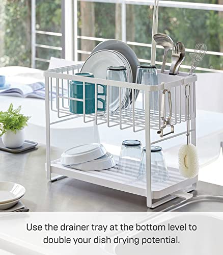 Yamazaki Home Two-Tier Adjustable Dish Drainer Rack, Compact Drying Rack with Hooks, Utensils Holder, Steel, Draining Spout, Water Resistant, No Assembly Req.