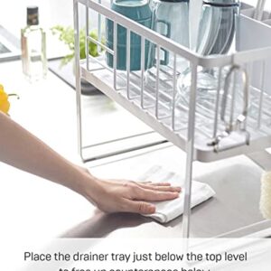 Yamazaki Home Two-Tier Adjustable Dish Drainer Rack, Compact Drying Rack with Hooks, Utensils Holder, Steel, Draining Spout, Water Resistant, No Assembly Req.