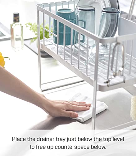 Yamazaki Home Two-Tier Adjustable Dish Drainer Rack, Compact Drying Rack with Hooks, Utensils Holder, Steel, Draining Spout, Water Resistant, No Assembly Req.