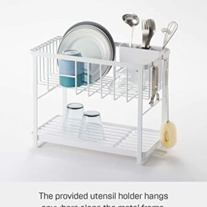 Yamazaki Home Two-Tier Adjustable Dish Drainer Rack, Compact Drying Rack with Hooks, Utensils Holder, Steel, Draining Spout, Water Resistant, No Assembly Req.