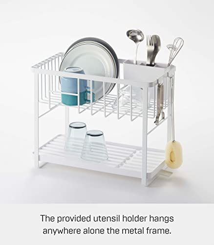 Yamazaki Home Two-Tier Adjustable Dish Drainer Rack, Compact Drying Rack with Hooks, Utensils Holder, Steel, Draining Spout, Water Resistant, No Assembly Req.