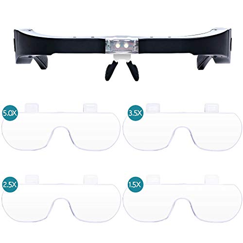 Headband Magnifier, Rechargeable Magnifying Glasses with Light Hands Free Interchangeable Magnification Lenses 1.5X 2.5X 3.5X 5X for Jewelry, Crafts, Cross Stitch