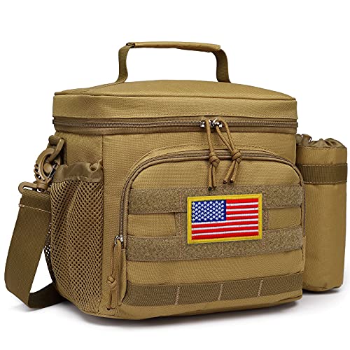 TACTICISM Tactical Lunch Box for Men 12L MOLLE Lunch Bag Adult, Up to 8 Hours Insulated lunchbox, Large Durable Leakproof Cooler with Detachable Water Bottle Pouch, for Work Camping Fishing, Brown