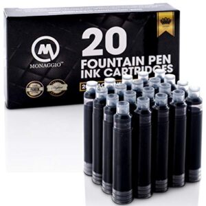 vivid black ink cartridges for fountain pens. amazing big pack of 20 short international standard size cartridges. perfect for calligraphy pen. universal fine design with incredible long lasting color