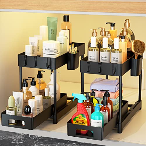 Under Sink Organizers and Storage, 2 Pack Multi-purpose Under Sink Organizer with Sliding Storage Drawer with 8 Hooks and 2 Hanging Cups, 2 Tier Under Sink Storage for Cabinet Bathroom Kitchen, Black