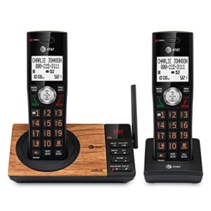 at&t cl82267 dect 6.0 2-handset cordless phone for home with answering machine, call blocking, caller id announcer, intercom and long range, black & wood grain finish