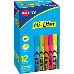 avery hi-liter desk-style highlighters, smear safe ink, chisel tip is great for sketch book art, 12 assorted colors (98034)