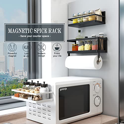 Magnetic Paper Towel Holder , 2-in-1 Magnetic Spice Rack with Hooks,Wall Mount Shelf Towel Rack for Refrigerator (Black, With hook)