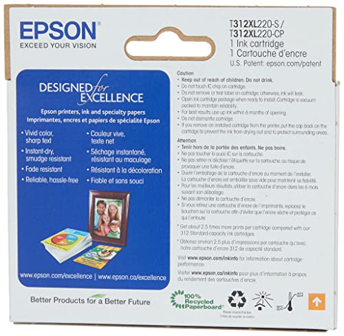 EPSON T312 Claria Photo HD -Ink High Capacity Cyan -Cartridge (T312XL220-S) for select Epson Expression Photo Printers