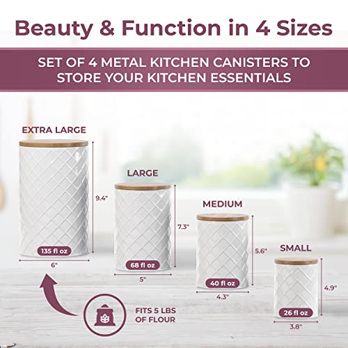 Pebble & Stem White Metal Canister Sets for Kitchen Counter, Kitchen Canisters Set of 4, Airtight Countertop Flour and Sugar Containers, Coffee and Tea Storage, Modern Farmhouse Kitchen Decor