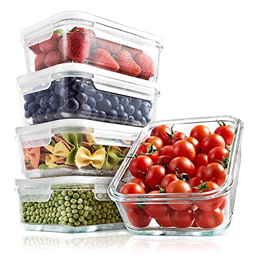 10-Piece Superior Glass Food Storage Containers Set (5 Containers + 5 Locking Lids) - Stackable Glass Meal-prep Design, BPA-free Airtight Clear Locking lids with Vent Lids & Air Hole, NutriChef NCCLX5