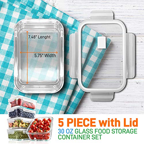 10-Piece Superior Glass Food Storage Containers Set (5 Containers + 5 Locking Lids) - Stackable Glass Meal-prep Design, BPA-free Airtight Clear Locking lids with Vent Lids & Air Hole, NutriChef NCCLX5