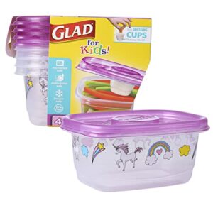 glad for kids unicorns gladware to go storage containers with lids| 24 oz kids snack containers with unicorn design, 4 count set with 4 dressing or sauce cups