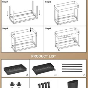 MERRYBOX Under Sink Organizers and Storage, Sliding Under Bathroom Cabinet Organizer, 2 Tier Kitchen Under Sink Organizer Pull Out Drawer with 4 Hooks, 1 Hanging Cup, 4 Non-Slip Feet, Black, 1 Pack