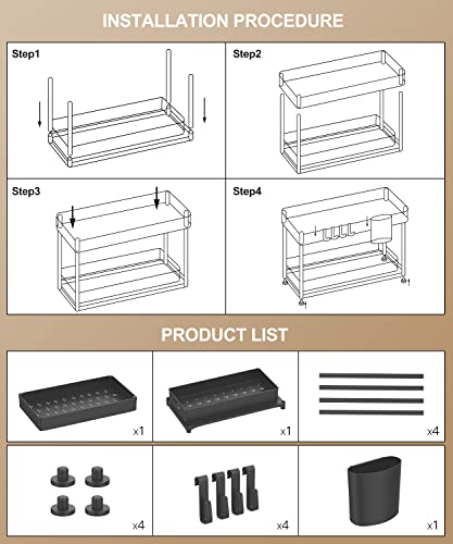 MERRYBOX Under Sink Organizers and Storage, Sliding Under Bathroom Cabinet Organizer, 2 Tier Kitchen Under Sink Organizer Pull Out Drawer with 4 Hooks, 1 Hanging Cup, 4 Non-Slip Feet, Black, 1 Pack