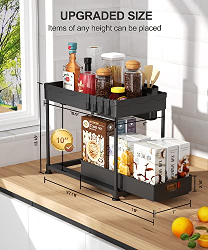 MERRYBOX Under Sink Organizers and Storage, Sliding Under Bathroom Cabinet Organizer, 2 Tier Kitchen Under Sink Organizer Pull Out Drawer with 4 Hooks, 1 Hanging Cup, 4 Non-Slip Feet, Black, 1 Pack