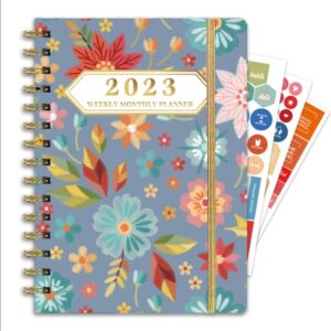 ymumuda 2023 planner, weekly monthly planner 2023, 12-month school planner from jan.2023 to dec.2023, 8.4″ x 6″, spiral planner notebook with stickers, elastic closure, inner pocket, coated tabs, grey embroidery floral