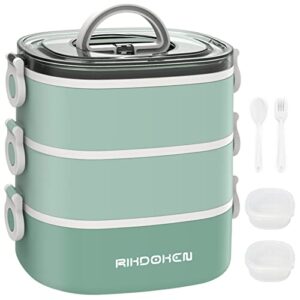 rikdoken bento box lunch box, stackable 3 layers containers, portable 94oz large capacity leakproof bento box with spoon & fork & sauce boxes, microwave safe lunch box for kids and adults