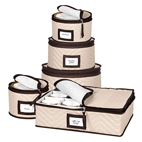 China Storage Containers 5-Piece Set Moving Boxes for Dinnerware, Glasses, Plates, Mugs and Saucers Sturdy Quilted Microfiber Dish Organizer with Dividers for Seasonal Storage - Service for 12