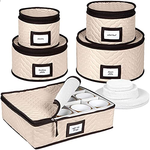 China Storage Containers 5-Piece Set Moving Boxes for Dinnerware, Glasses, Plates, Mugs and Saucers Sturdy Quilted Microfiber Dish Organizer with Dividers for Seasonal Storage - Service for 12