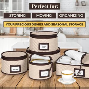 China Storage Containers 5-Piece Set Moving Boxes for Dinnerware, Glasses, Plates, Mugs and Saucers Sturdy Quilted Microfiber Dish Organizer with Dividers for Seasonal Storage - Service for 12