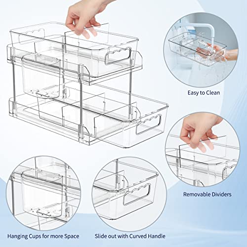 DOMNIU 2 Tier Clear Organizer with Dividers, Pantry Organization and Storage Multi Purpose Slide-Out Bathroom Organizer, Kitchen Pantry Medicine Cabniet Bins, Under Sink Organizer with Hanging Cup