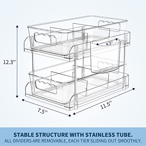 DOMNIU 2 Tier Clear Organizer with Dividers, Pantry Organization and Storage Multi Purpose Slide-Out Bathroom Organizer, Kitchen Pantry Medicine Cabniet Bins, Under Sink Organizer with Hanging Cup