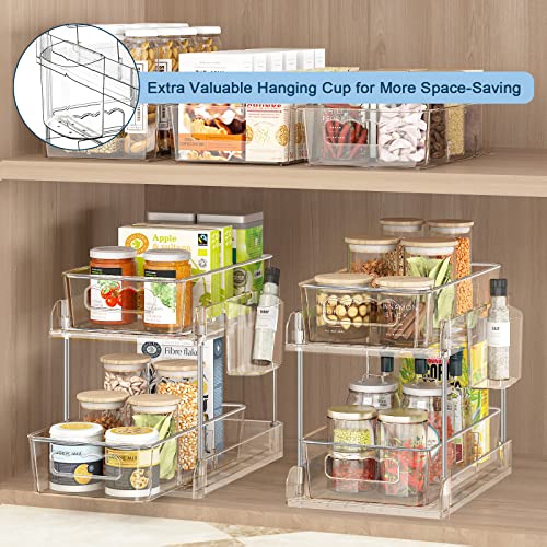 DOMNIU 2 Tier Clear Organizer with Dividers, Pantry Organization and Storage Multi Purpose Slide-Out Bathroom Organizer, Kitchen Pantry Medicine Cabniet Bins, Under Sink Organizer with Hanging Cup