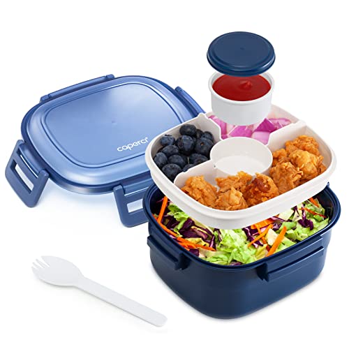 Caperci Superior Salad Container for Lunch To Go - Large 55-oz Salad Bowl Lunch Box Container with 4-Compartment Bento-Style Tray, 3-oz Sauce Container, Reusable Spork & BPA-Free (Navy Blue)