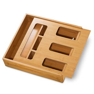 Bamboo Ziplock Bag Drawer Organizer Storage Box Baggie Holder for Kitchen Drawer or Wall Mount, Compatible with Gallon, Quart, Sandwich, And Snack Variety Size Bags, 1 Box 4 Slots