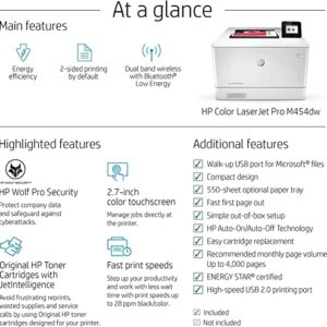 HP Laserjet Pro M454dw Wireless Color Laser Printer (W1Y45A), Print Only, 28ppm, 600x600 dpi, Duplex Printing, 2.7" Color Touchscreen Display, Auto On/Off Technology, Wi-Fi, Lanbertent Printer Cable