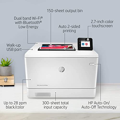 HP Laserjet Pro M454dw Wireless Color Laser Printer (W1Y45A), Print Only, 28ppm, 600x600 dpi, Duplex Printing, 2.7" Color Touchscreen Display, Auto On/Off Technology, Wi-Fi, Lanbertent Printer Cable