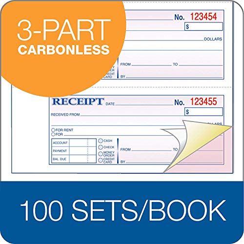 Adams Money and Rent Receipt Book, 3-Part, Carbonless, White/Canary/Pink,7 5/8" x 10 7/8", 100 Sets per Book, 5 Books, 500 Sets Total (TC1182)