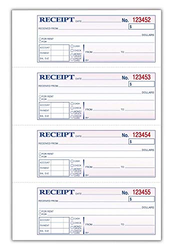 Adams Money and Rent Receipt Book, 3-Part, Carbonless, White/Canary/Pink,7 5/8" x 10 7/8", 100 Sets per Book, 5 Books, 500 Sets Total (TC1182)