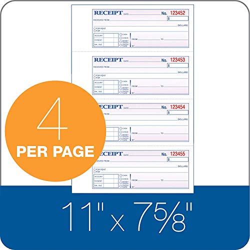 Adams Money and Rent Receipt Book, 3-Part, Carbonless, White/Canary/Pink,7 5/8" x 10 7/8", 100 Sets per Book, 5 Books, 500 Sets Total (TC1182)