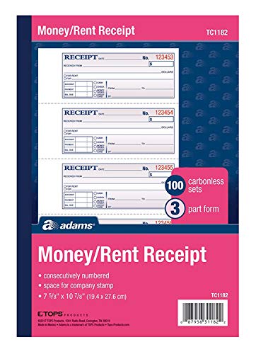 Adams Money and Rent Receipt Book, 3-Part, Carbonless, White/Canary/Pink,7 5/8" x 10 7/8", 100 Sets per Book, 5 Books, 500 Sets Total (TC1182)