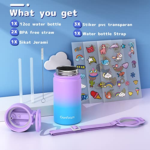 Kids Water Bottle, 12oz Water Bottles Kids with Straw and Stickers, Stainless Steel Vacuum Double Wall Insulated cup, Kids Water Bottle for School, Gifts for Girls(Purple and Blue)