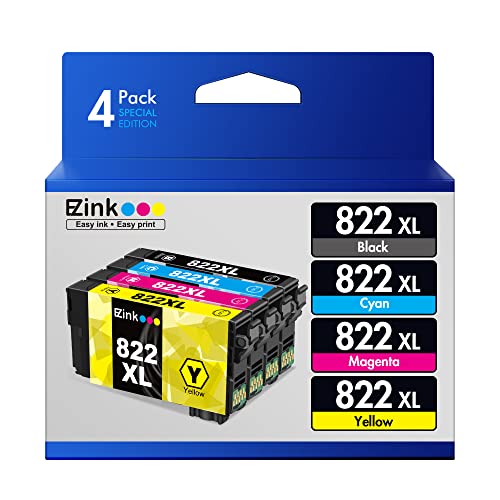 E-Z Ink(TM Remanufactured Ink Cartridgee Replacement for Epson 822 822XL T822 High Yield to use with EPSON Workforce Pro WF-3820 WF-4820 WF-4830 WF-4834 (1 Black, 1 Cyan, 1 Magenta, 1 Yellow)